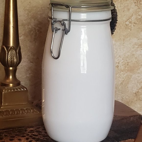 Kitchen | Vintage Milk Glass Canister Metal Snap Jar Locking Lid Large ...